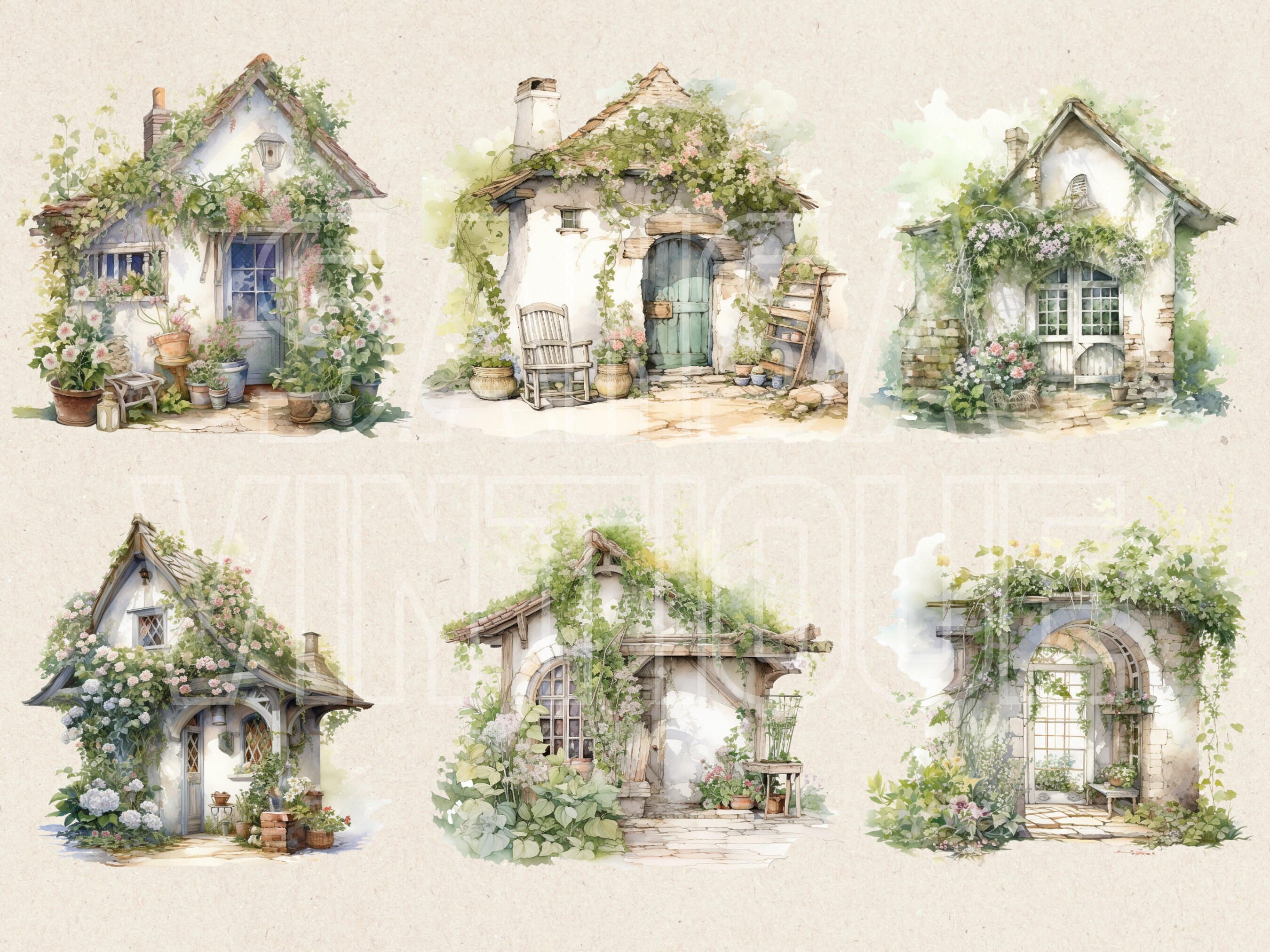 Vintage Rustic House Watercolor Clipart, Shabby Cottage Free Commercial ...