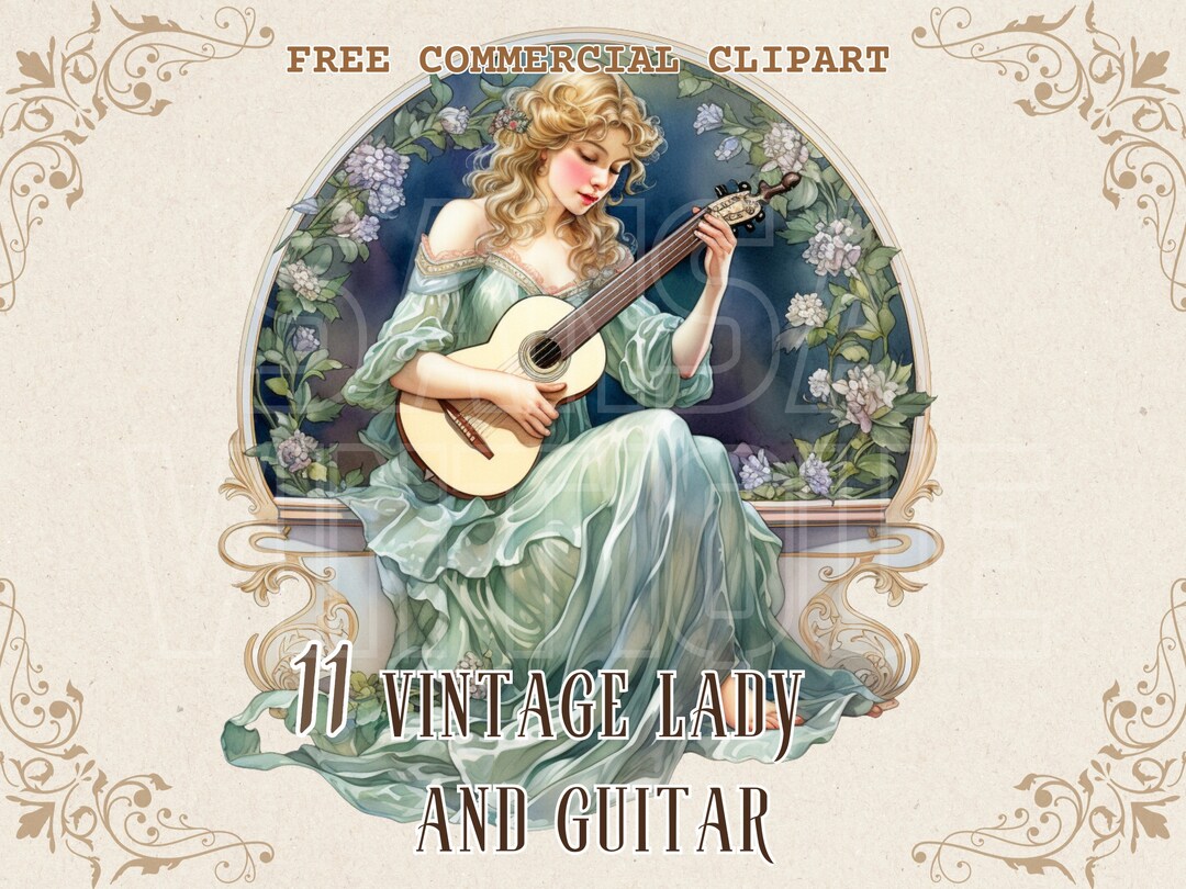 Vintage Lady and Guitar Watercolor Clipart, Retro Playing Music Free ...