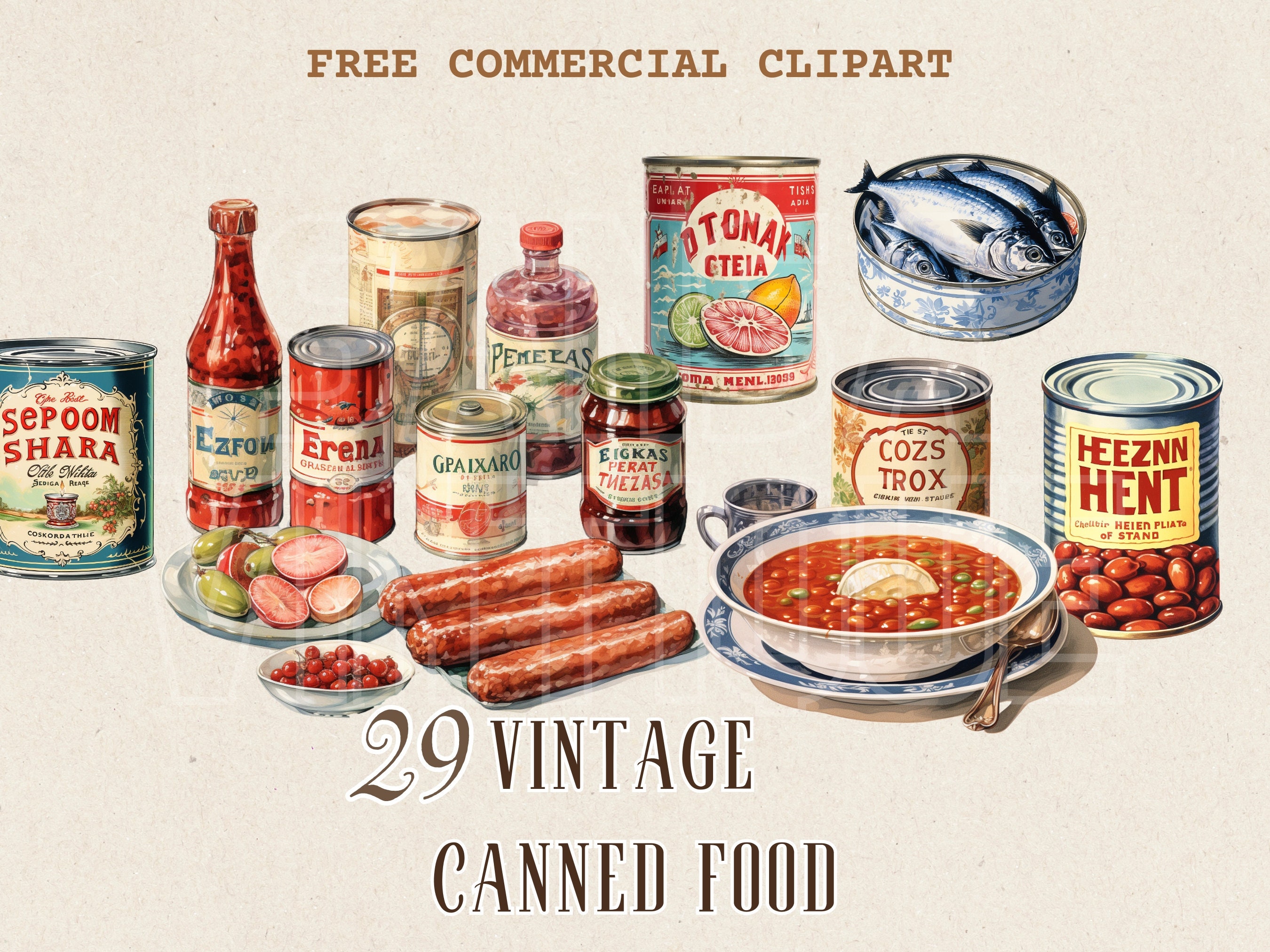 Retro Canned Food Watercolor Clipart Set, Vintage Food Free Commercial ...