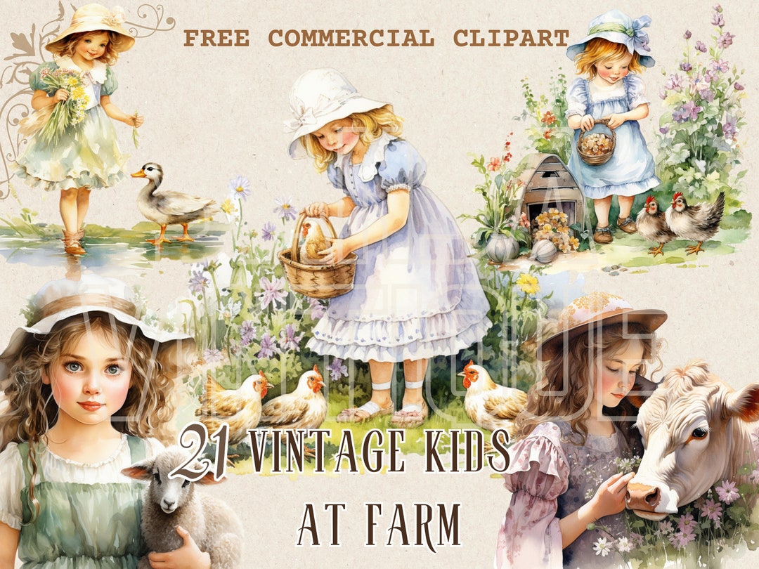 Victorian Kids at Farm Watercolor Clipart, Vintage Children Free ...