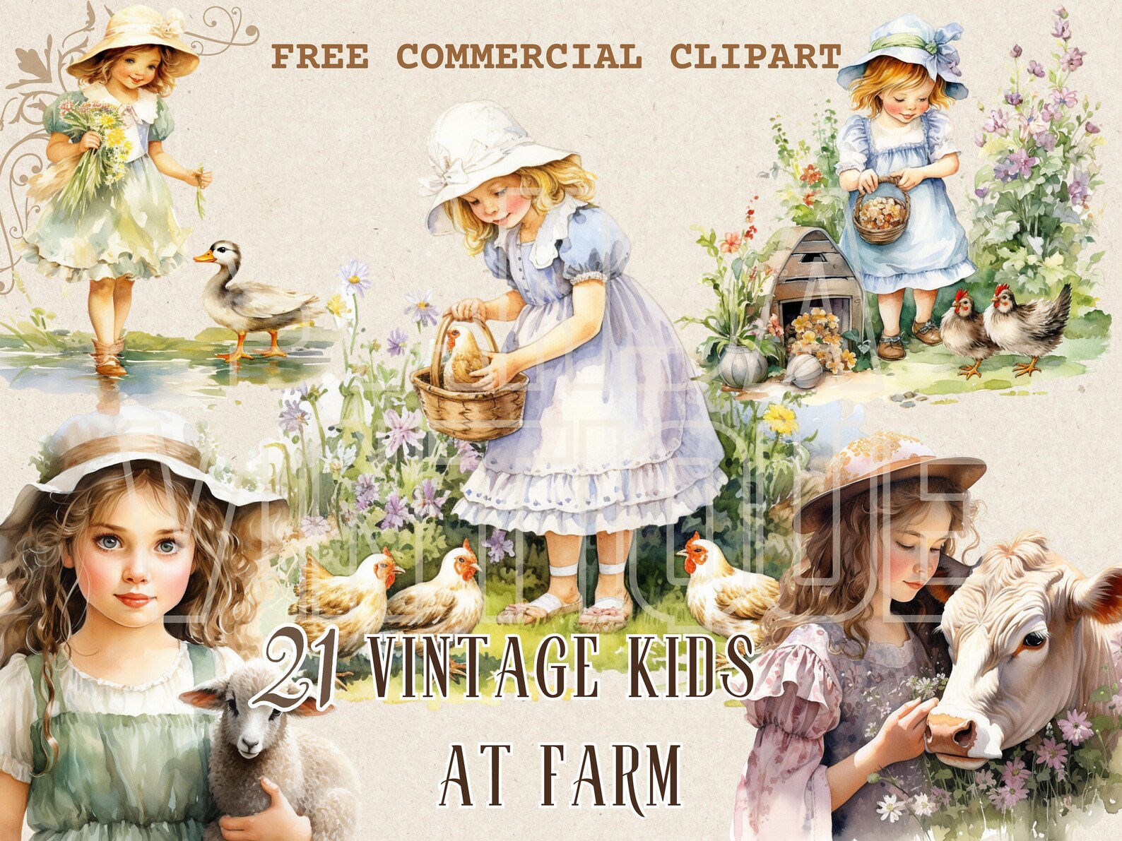 Victorian Kids at Farm Watercolor Clipart, Vintage Children Free ...