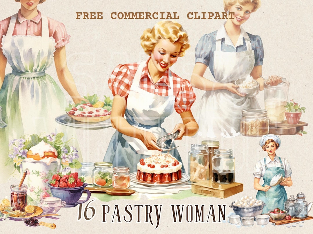 Retro Pastry Lady Watercolor Clipart Set, Vintage Woman Baking Free ...