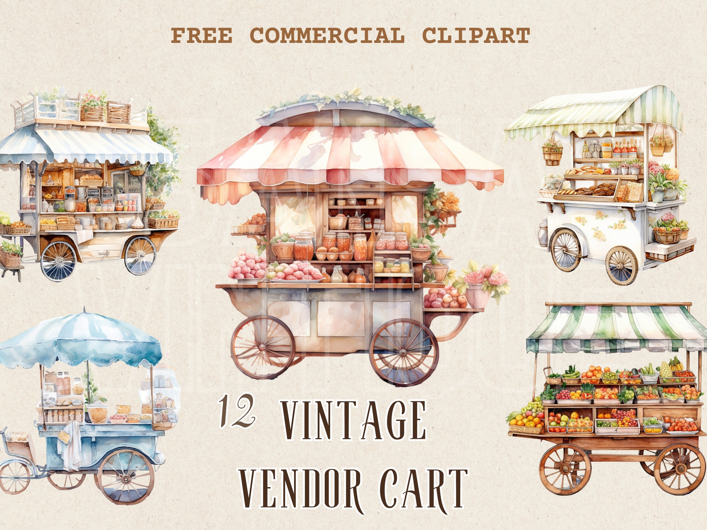 Vintage Vendor Cart Watercolor Clipart, Classic Market Stall Free ...