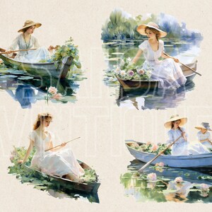 Vintage Lady Watercolor Clipart, Woman on Boat Free Commercial PNG Set ...