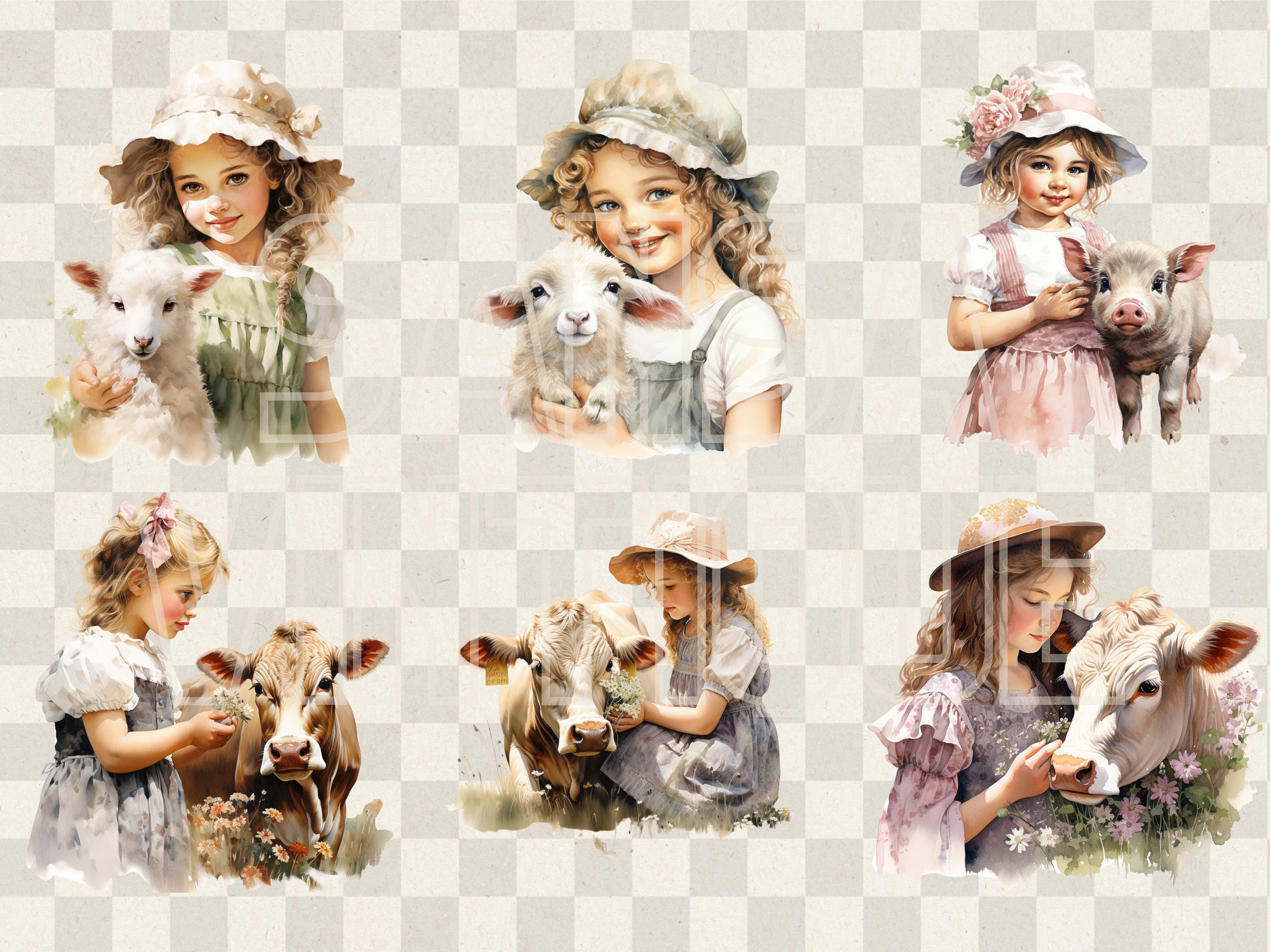 Victorian Kids at Farm Watercolor Clipart, Vintage Children Free ...