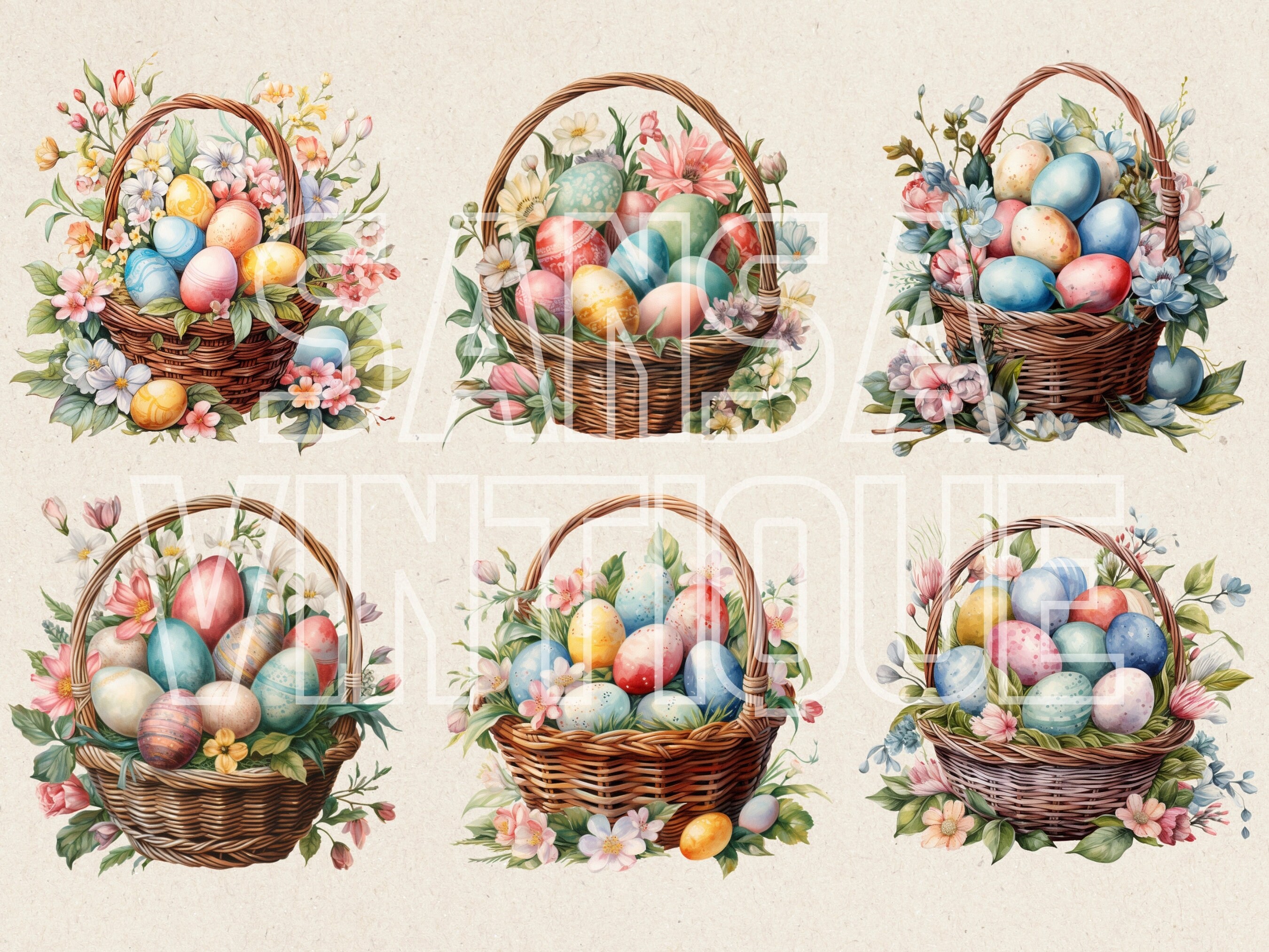 Vintage Easter Basket Watercolor Clipart, Antique Easter Egg Basket ...