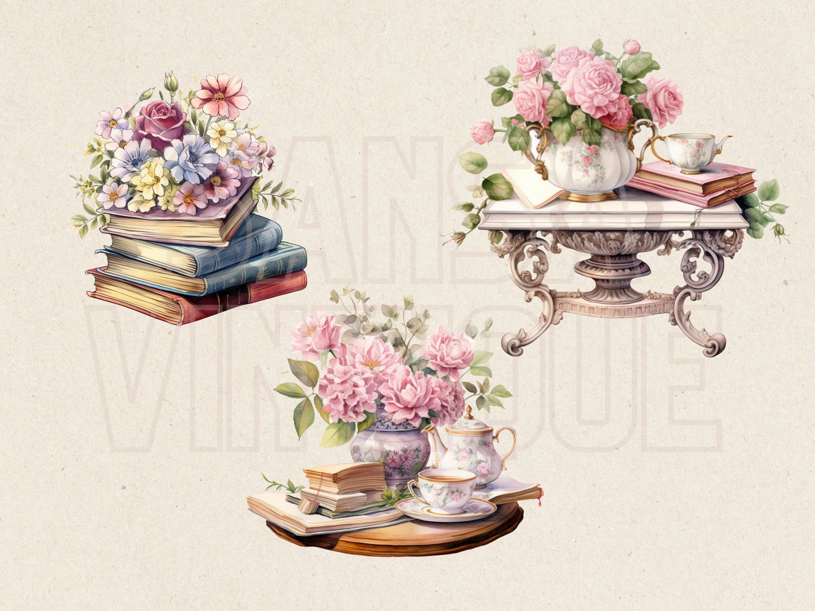 Vintage Book and Flower Watercolor Clipart, Retro Book and Tea Free ...