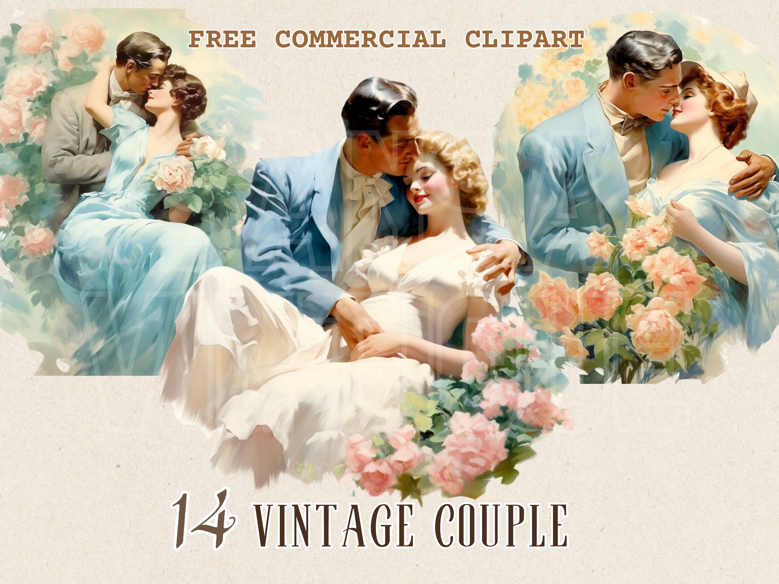Vintage Floral Couple Watercolor Clipart, Retro Romance Free Commercial ...