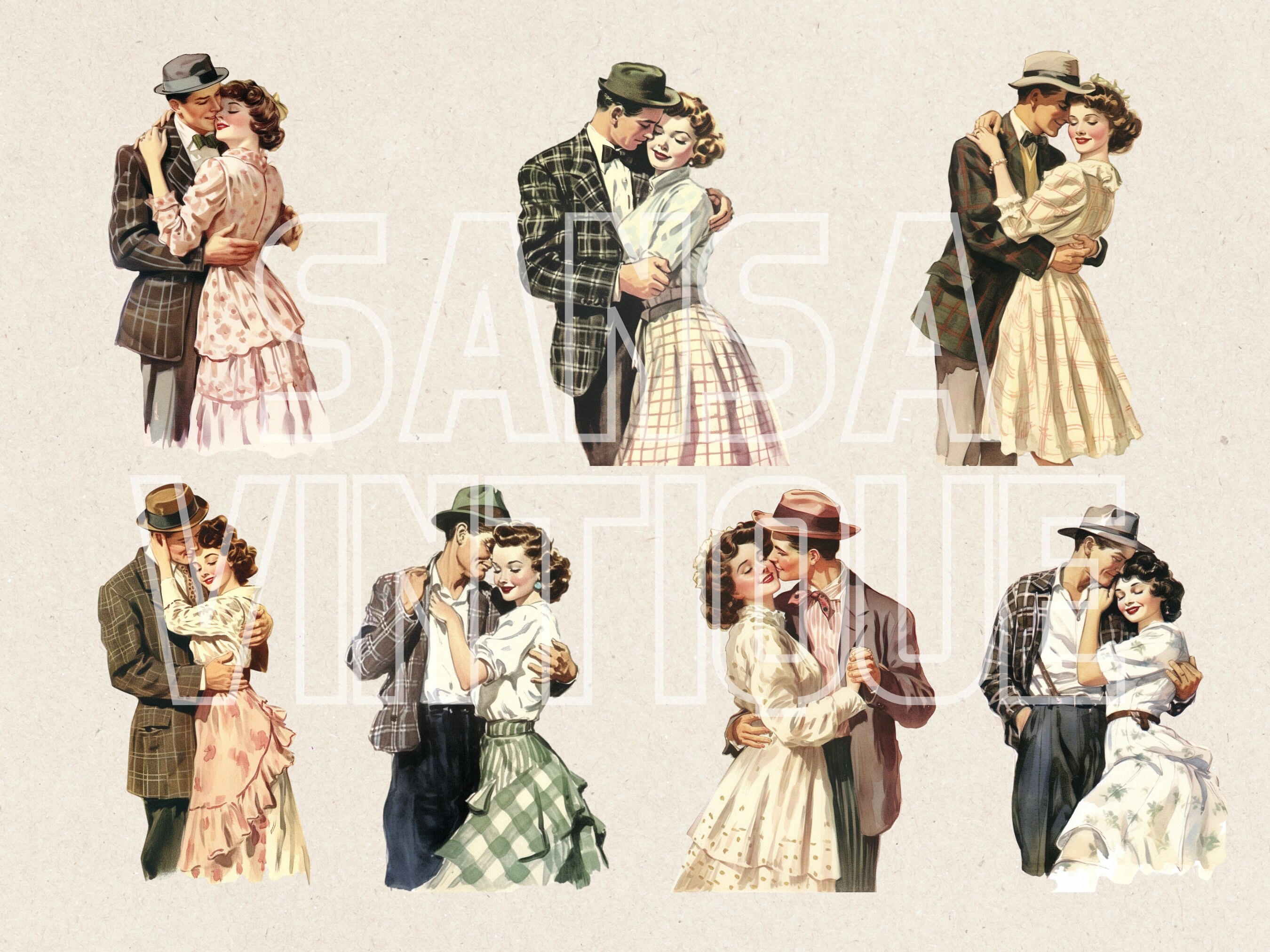 Vintage 1950s Couple Watercolor Clipart, Retro Romance Free Commercial ...