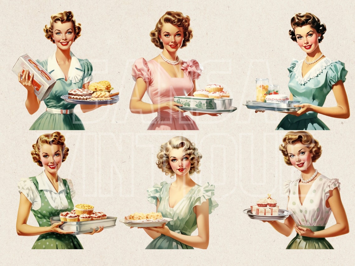 Retro Woman and Food Tray Watercolor Clipart Set, Vintage 50s Catering ...