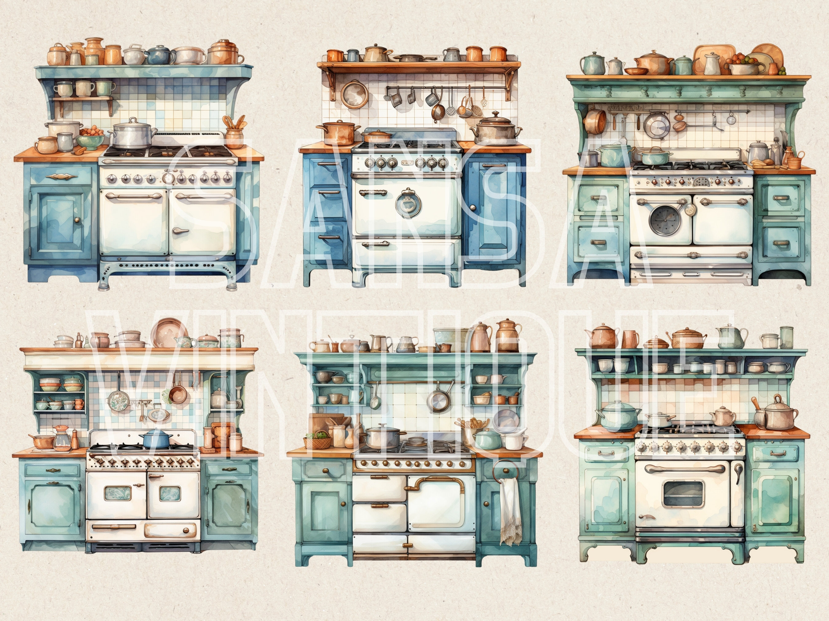 Retro Kitchen Watercolor Clipart Set, Nostalgic Cooking Free Commercial ...