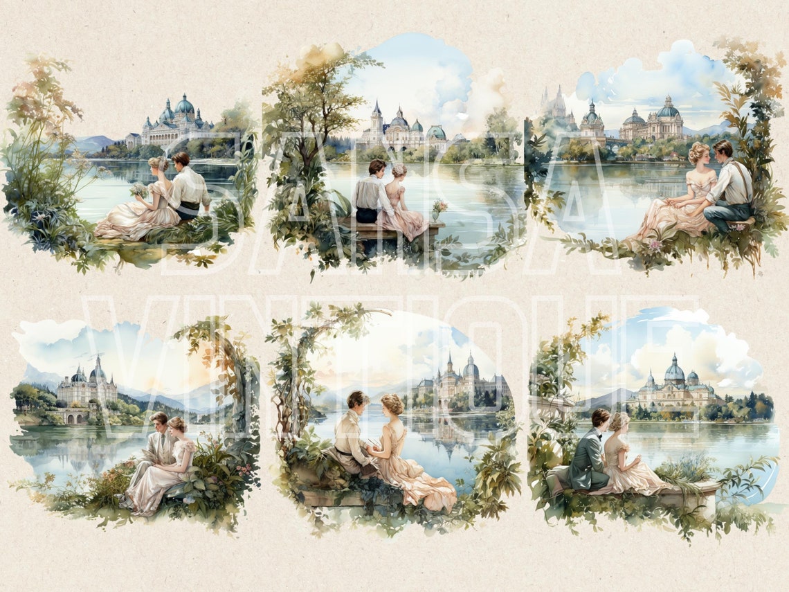 Vintage Couple Date Watercolor Clipart, Romantic Lakeside Free ...