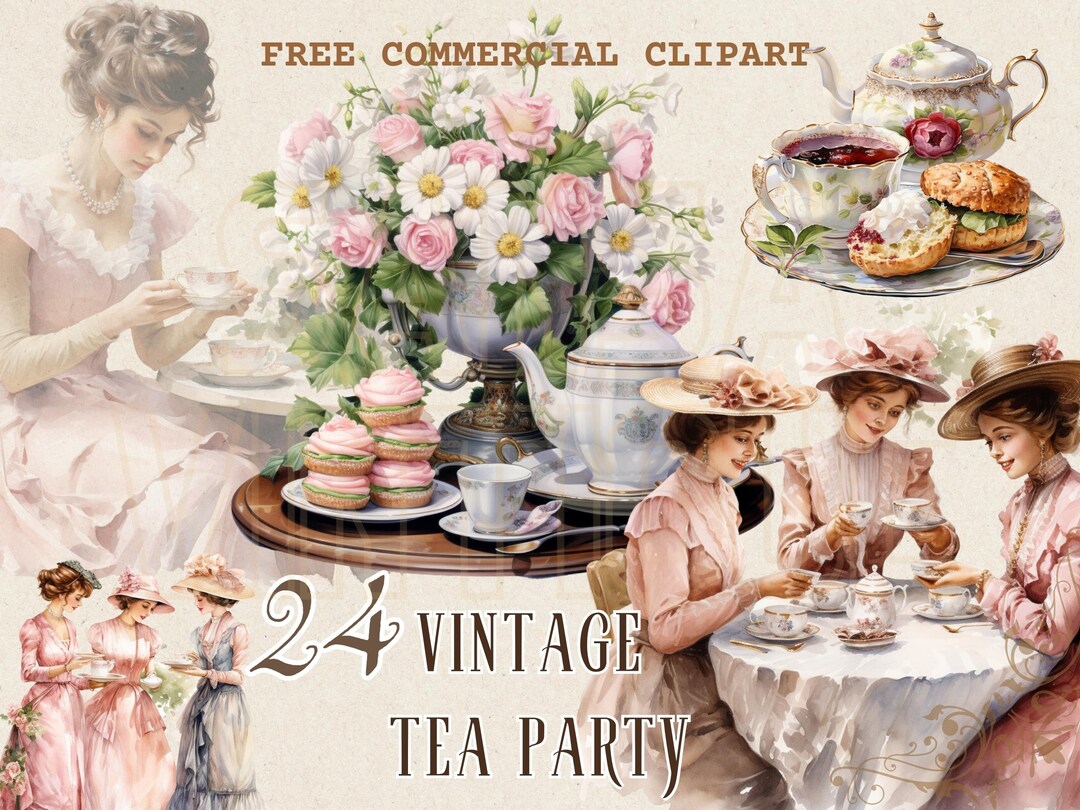 Vintage Tea Party Watercolor Clipart, Retro Tea Set Free Commercial PNG ...