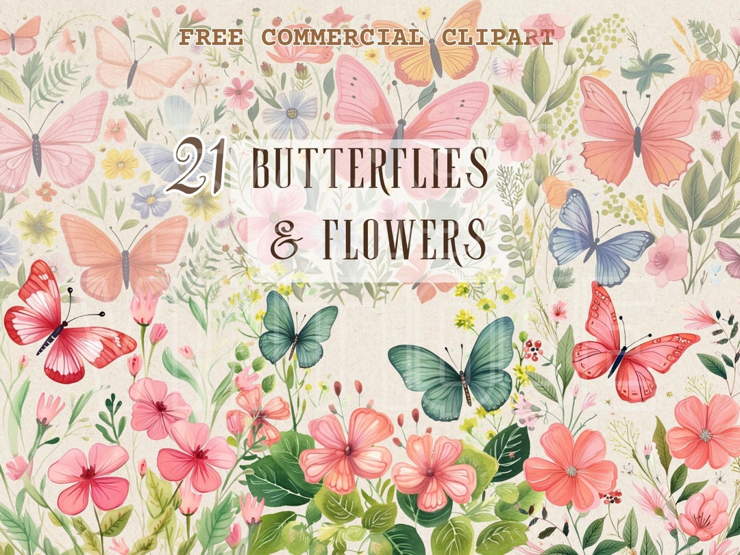 Vintage Butterfly and Flower Watercolor Clipart, Retro Floral Garden ...