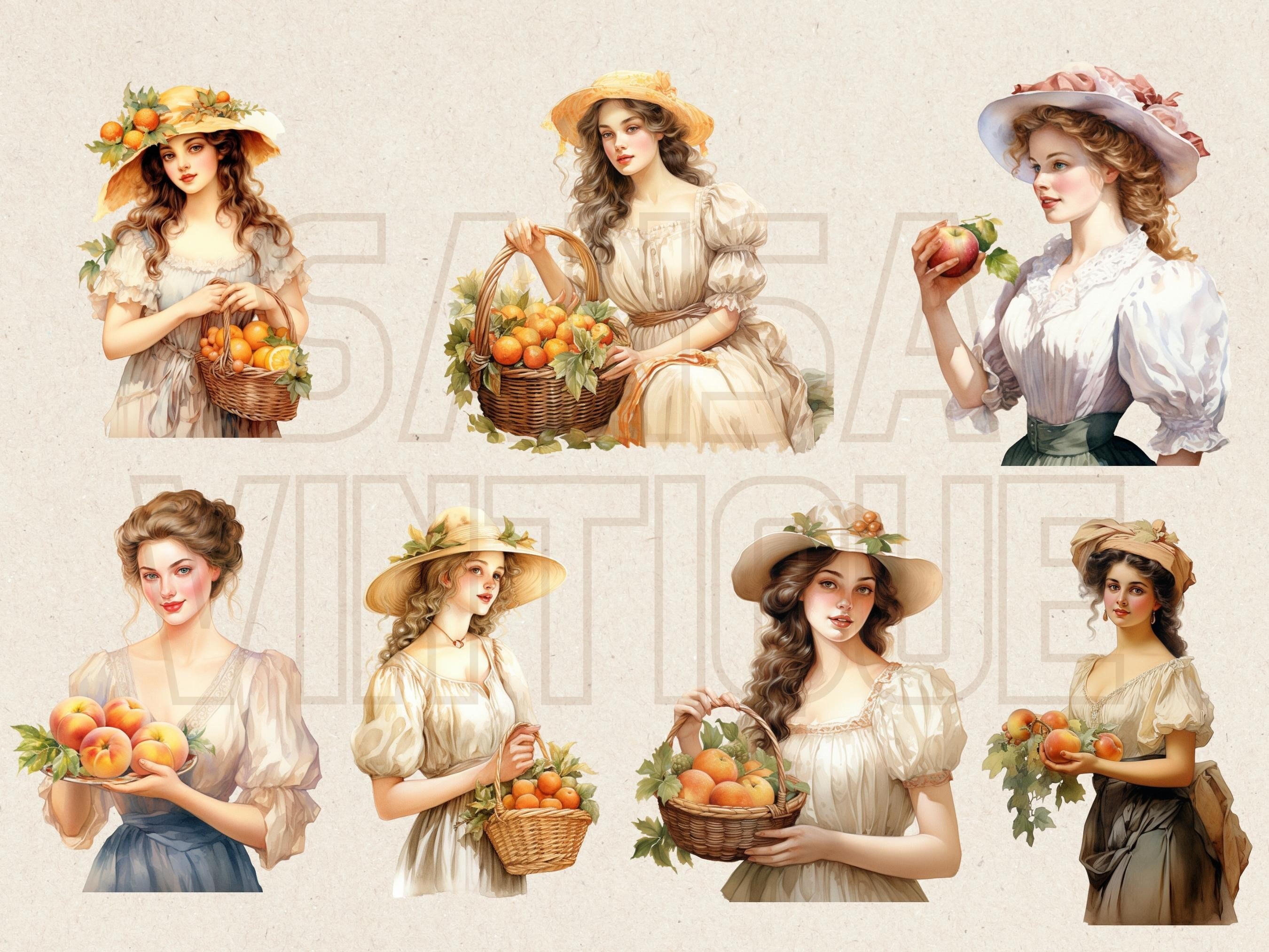 Vintage Fruit Lady Watercolor Clipart, Retro Woman Holding Apple Free ...