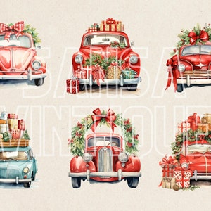 Christmas Car Watercolor Clipart, Vintage Car Carrying Festive Present ...