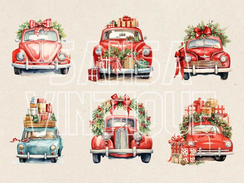 Christmas Car Watercolor Clipart, Vintage Car Carrying Festive Present ...