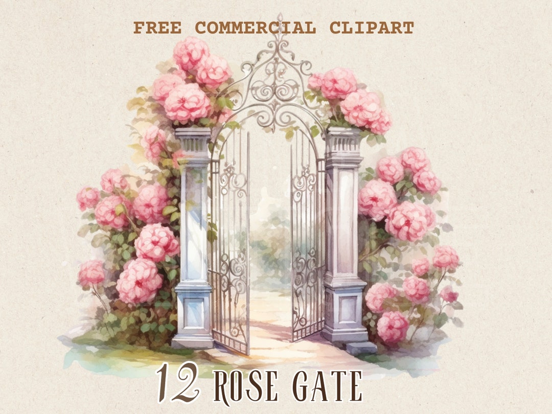 Vintage Rose Gate Watercolor Clipart, Retro Garden Free Commercial PNG ...
