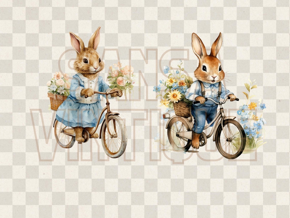 Retro Rabbit on Bicycle Watercolor Clipart, Classic Bunny Riding Bike ...