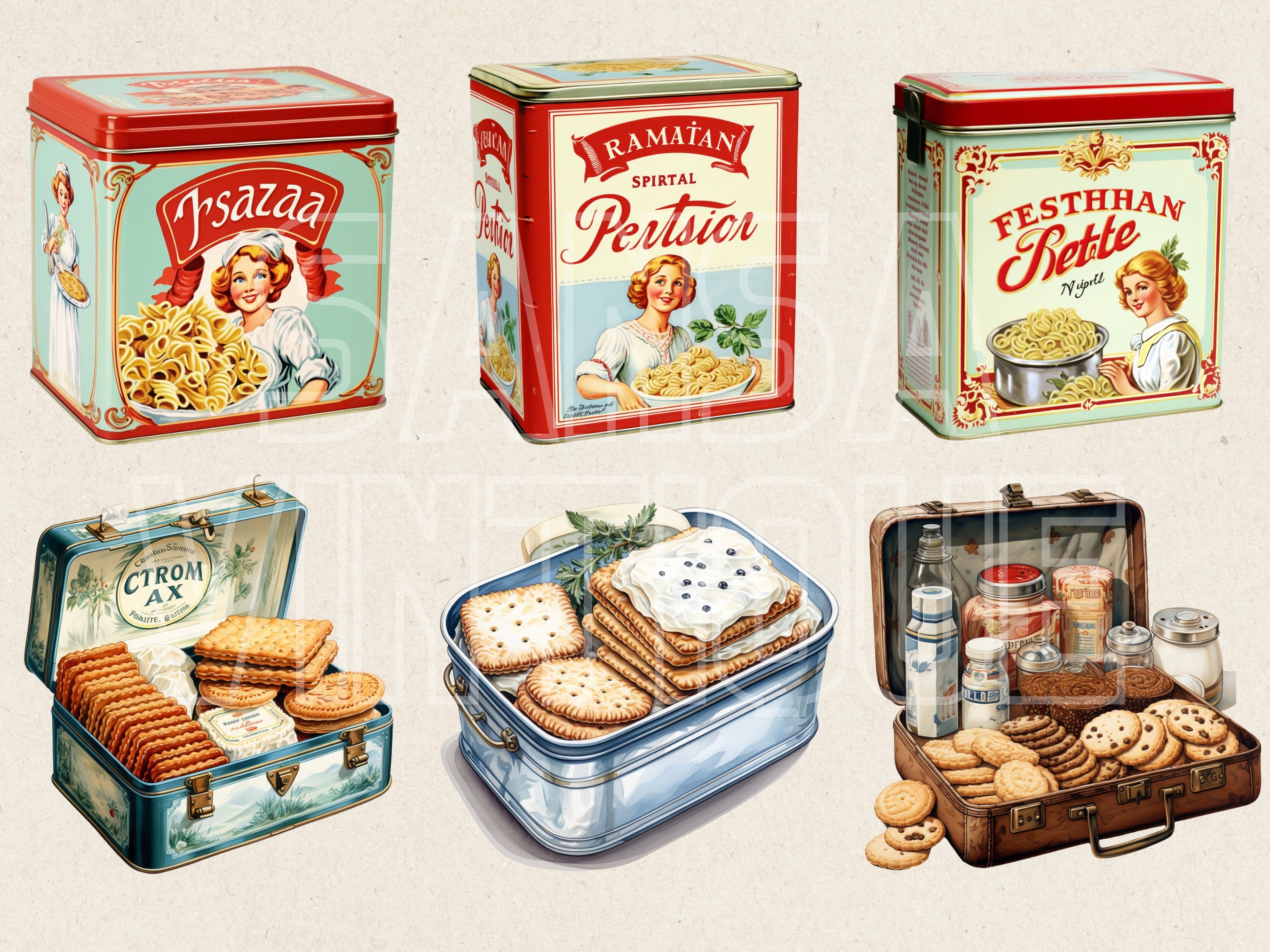 Retro Food Package Watercolor Clipart Set, Vintage Food Free Commercial ...