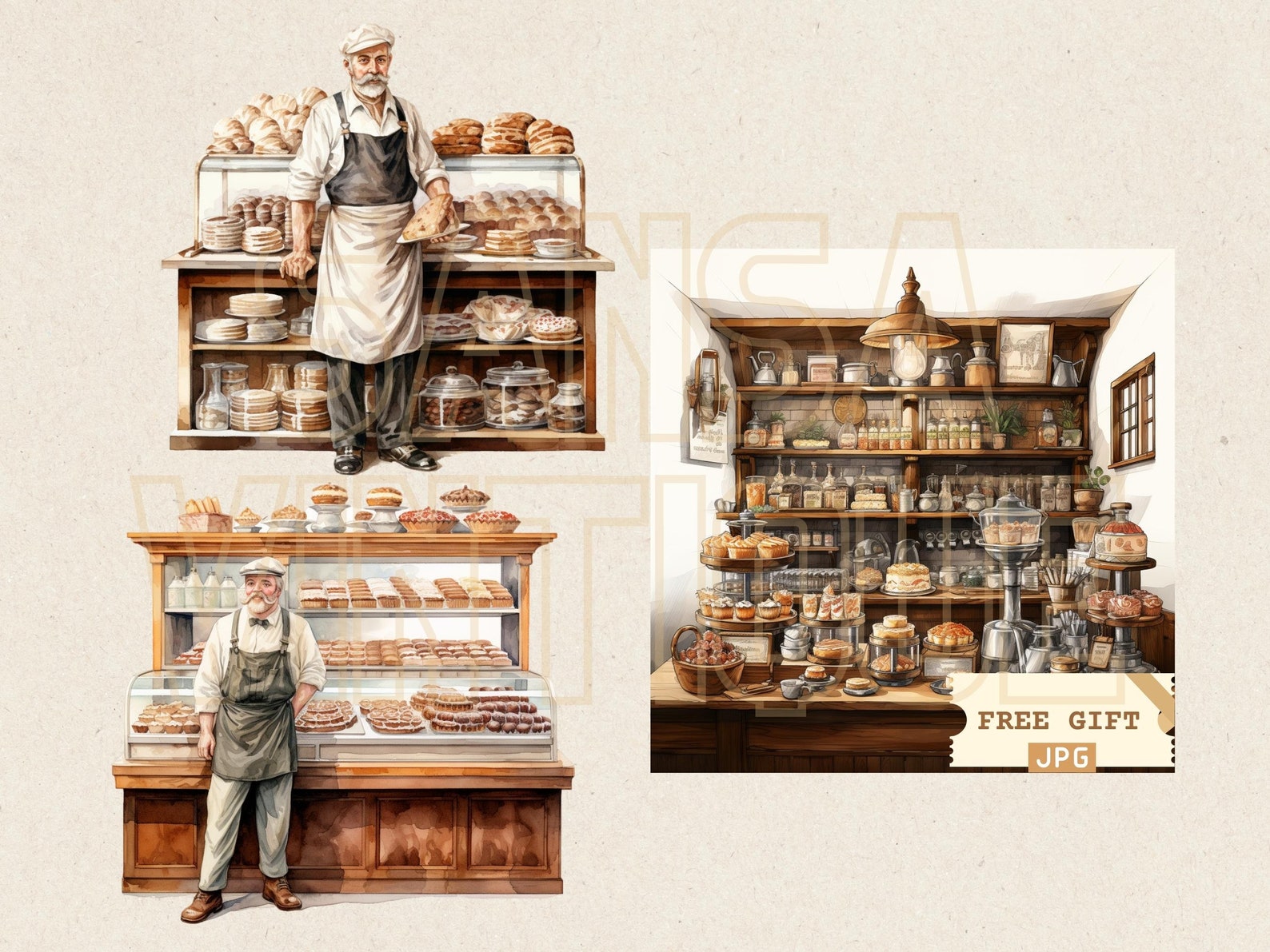 Vintage Bakery Shop Watercolor Clipart, Retro Pastry Chef Free ...