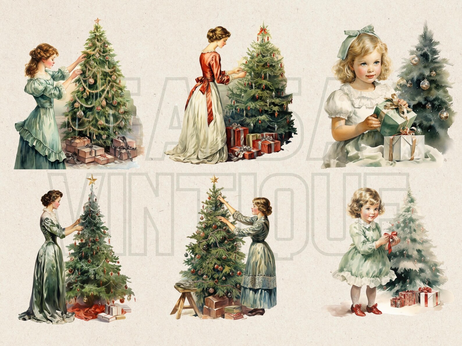 Vintage Christmas Tree Watercolor Clipart, Lady Decorating Christmas ...