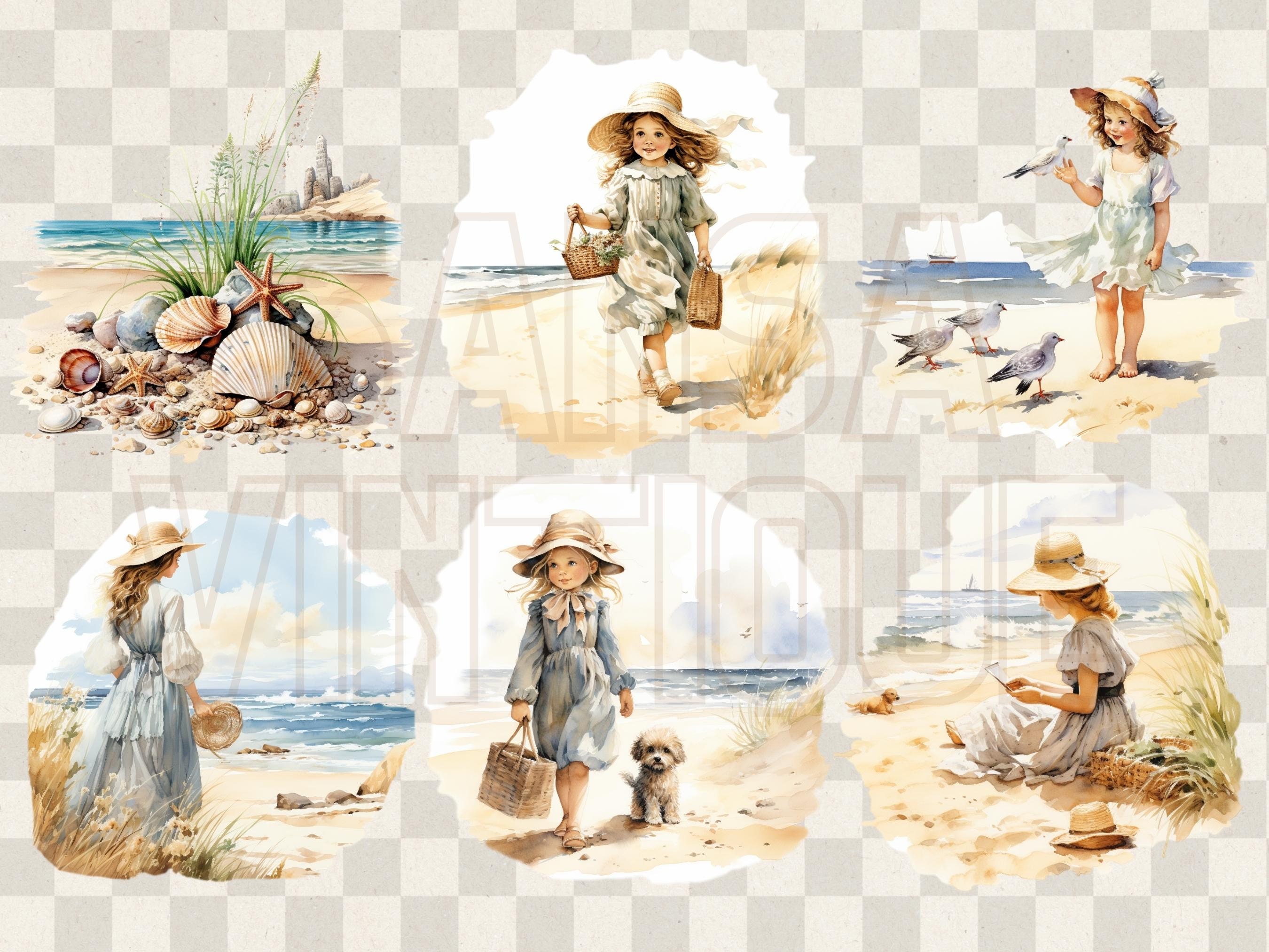 Vintage Beach Scene Watercolor Clipart Bundle, Retro Beach Day Free ...