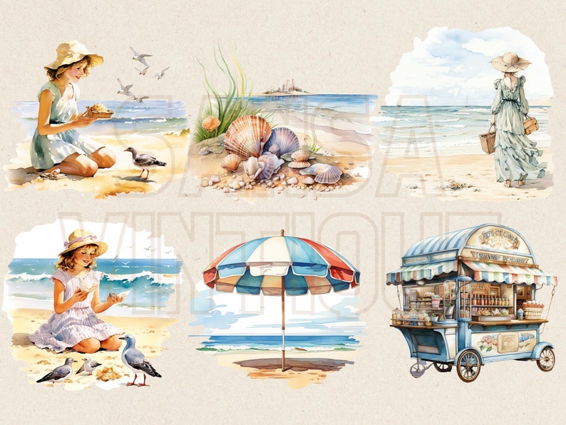 Vintage Beach Scene Watercolor Clipart Bundle, Retro Beach Day Free ...