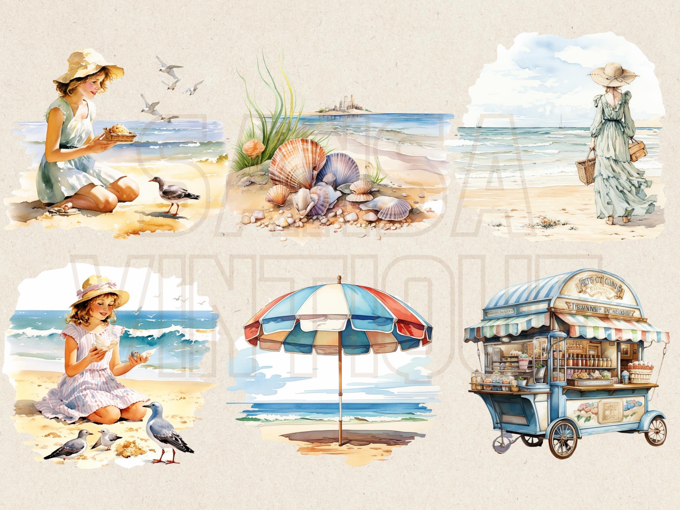 Vintage Beach Scene Watercolor Clipart Bundle, Retro Beach Day Free ...