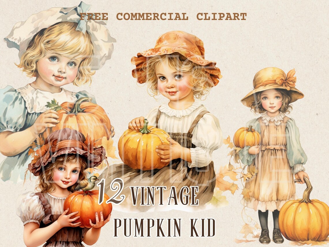 Vintage Pumpkin Kid Watercolor Clipart, Retro Children Holding Pumpkin ...
