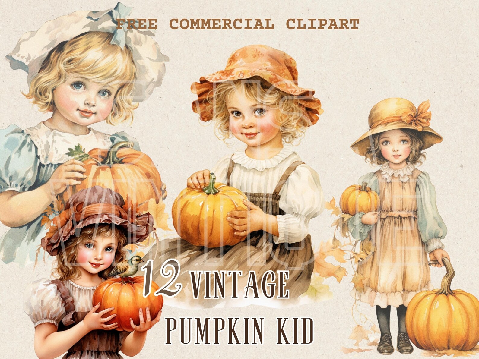 Vintage Pumpkin Kid Watercolor Clipart, Retro Children Holding Pumpkin ...