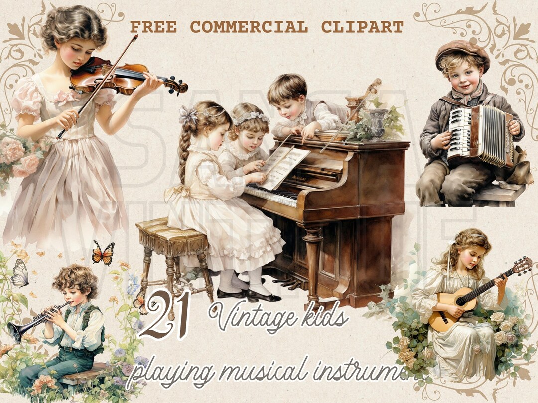 Victorian Kids Playing Musical Instrument Watercolor Clipart, Children ...