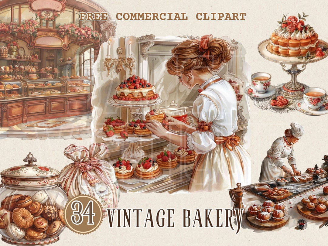 Vintage Bakery Shop Scene Watercolor Clipart, Retro Pastry Chef Free ...