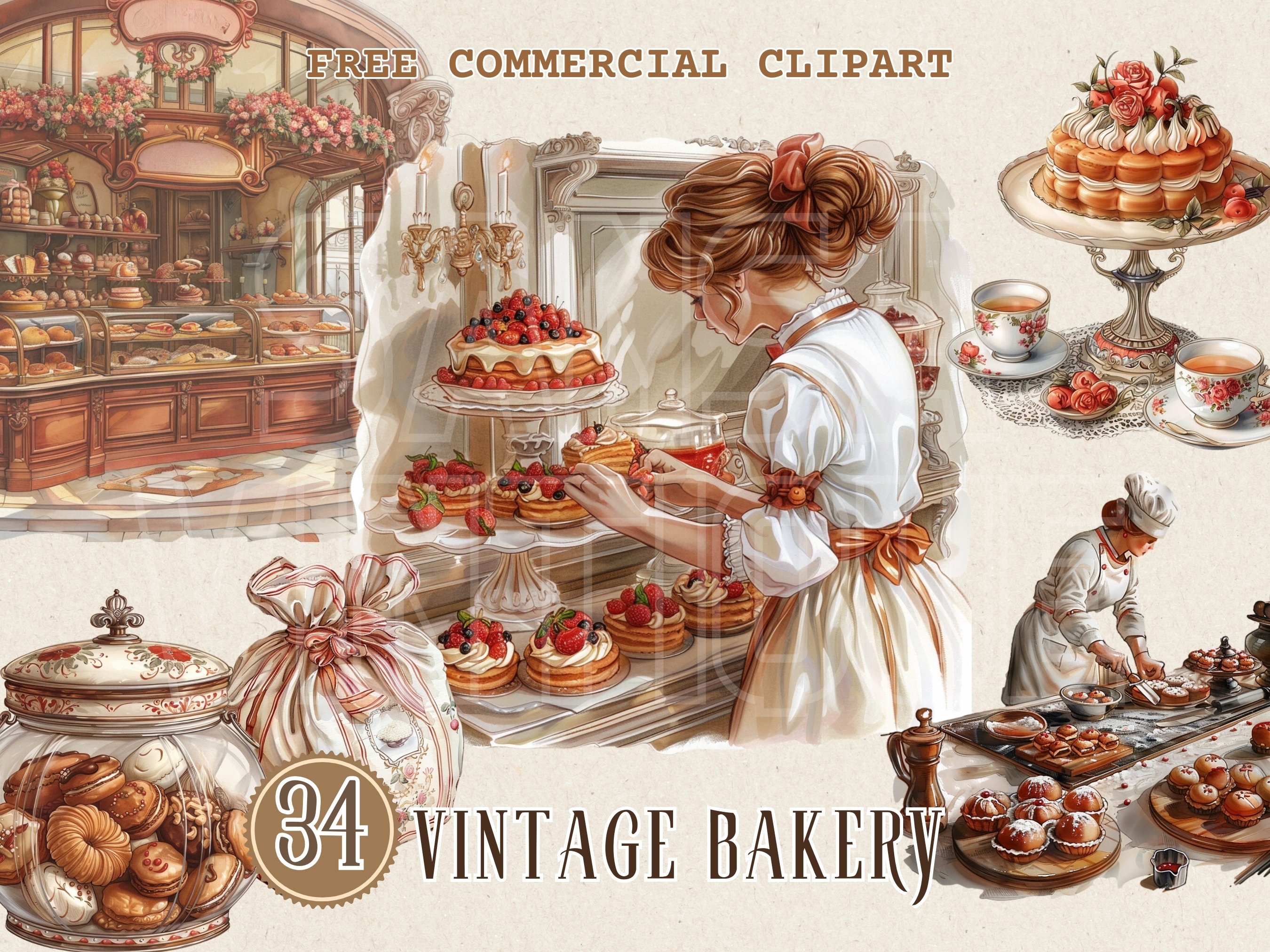 Vintage Bakery Shop Scene Watercolor Clipart, Retro Pastry Chef Free ...
