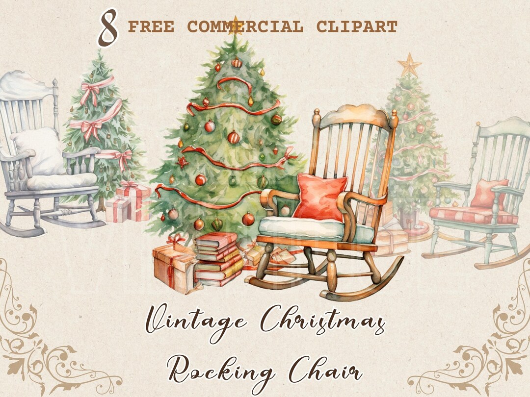 Vintage Christmas Rocking Chair Watercolor Clipart, Christmas Tree Free ...