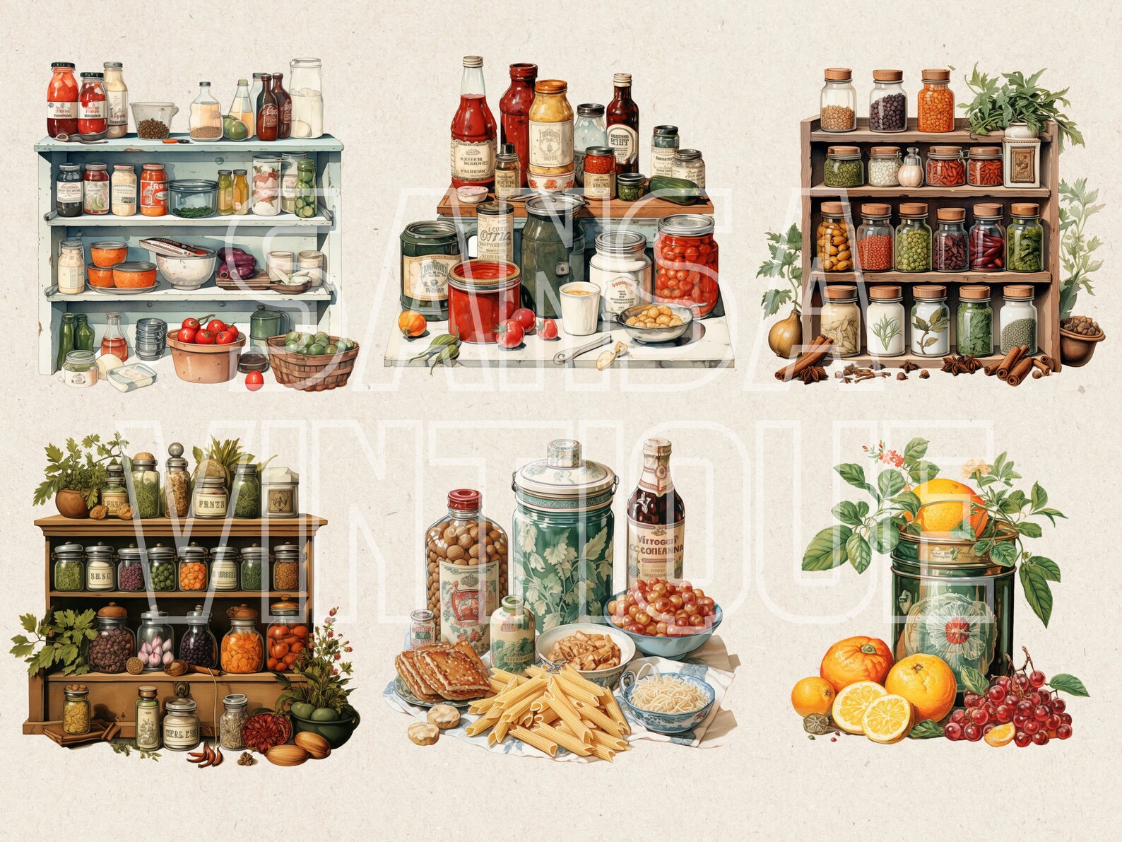 Retro Pantry Shelf Watercolor Clipart Set, Vintage Food Storage Free ...