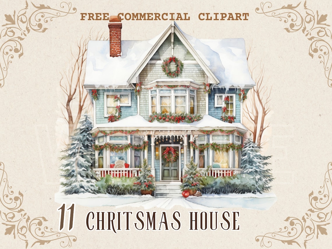 Vintage Christmas House Watercolor Clipart, Rustic Winter Home Free ...