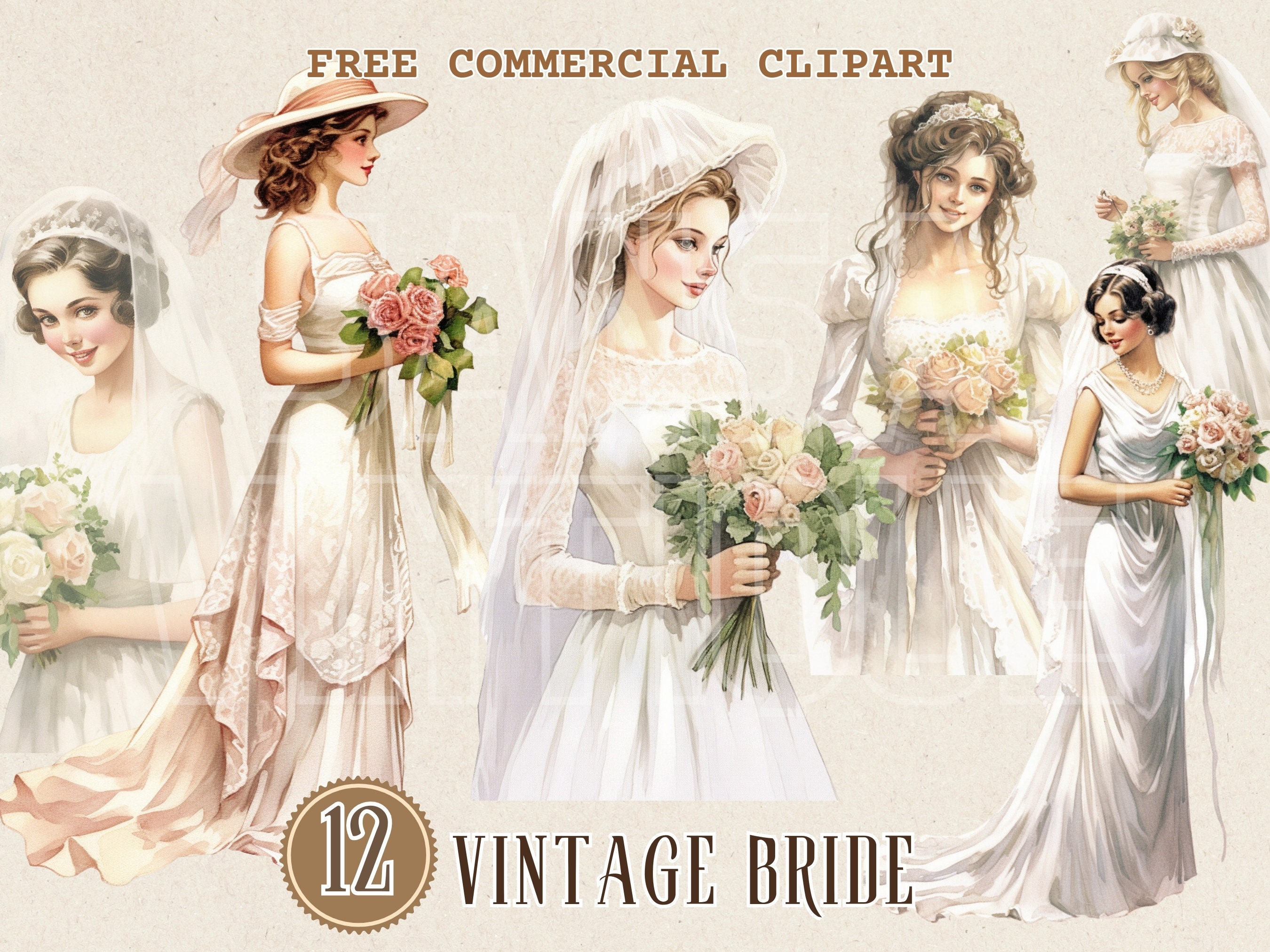 Vintage Bride Watercolor Clipart, Retro Wedding Free Commercial PNG Set ...