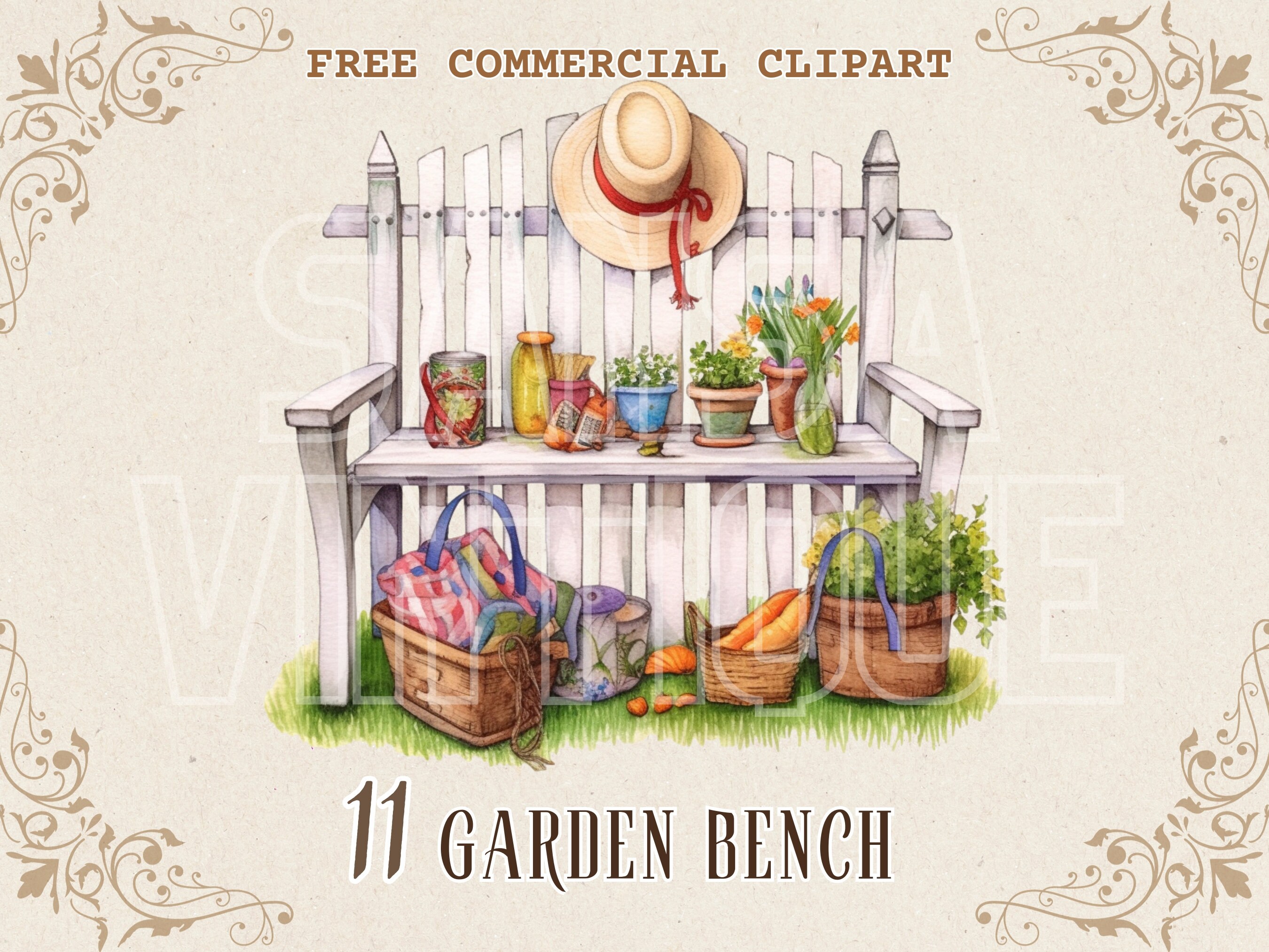 Vintage Garden Bench Watercolor Clipart, Rustic Gardening Nook Free ...