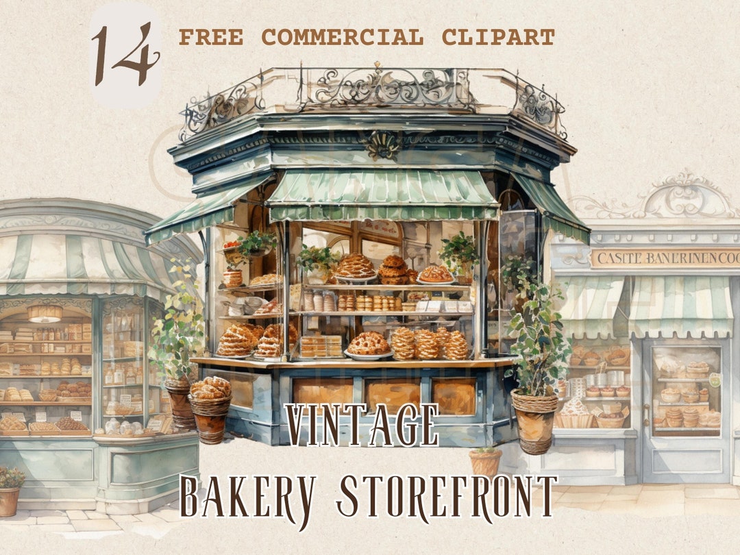 Vintage Bakery Storefront Watercolor Clipart, Retro Baking Shop Free ...