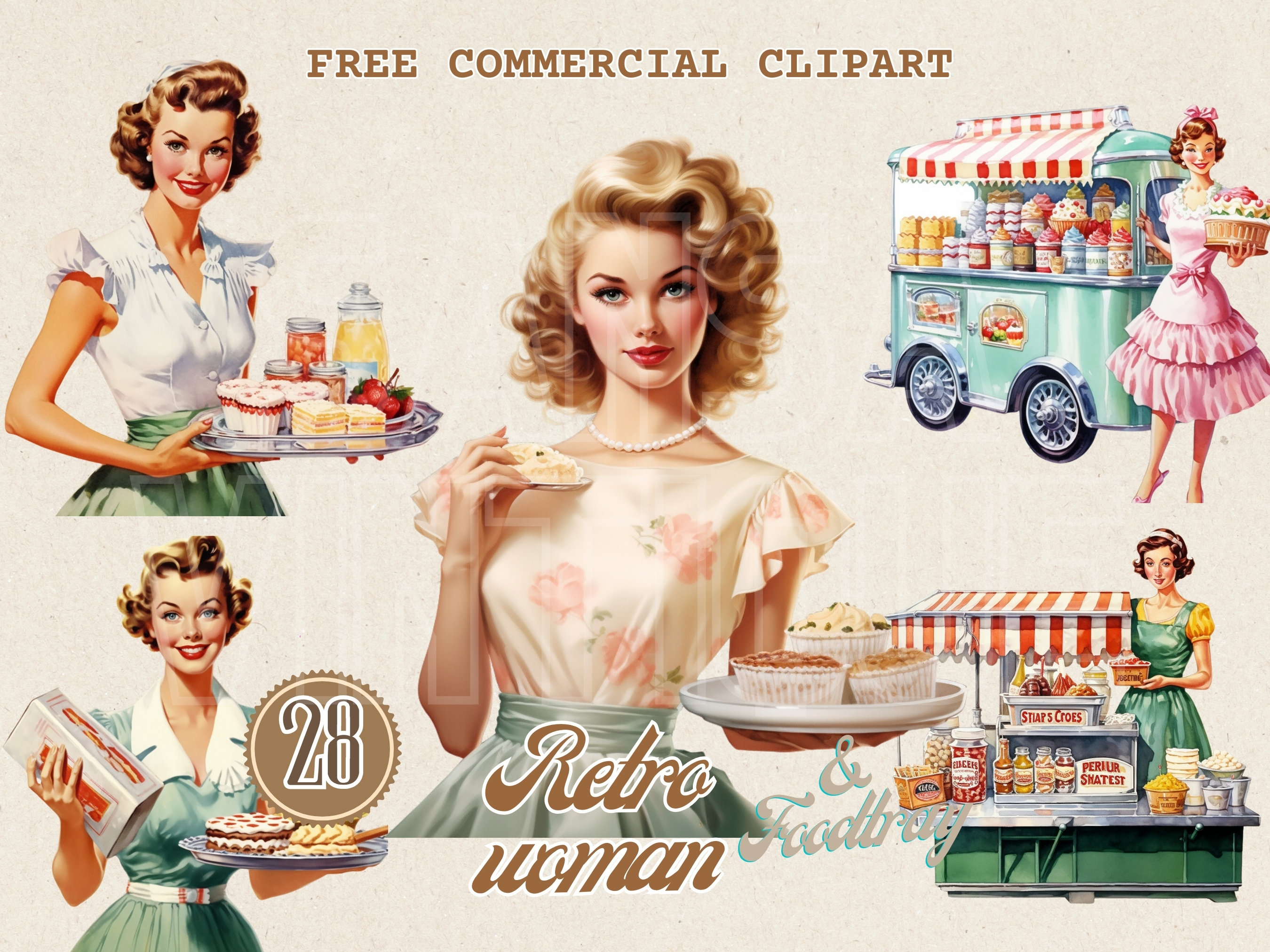 Retro Woman and Food Tray Watercolor Clipart Set, Vintage 50s Catering ...