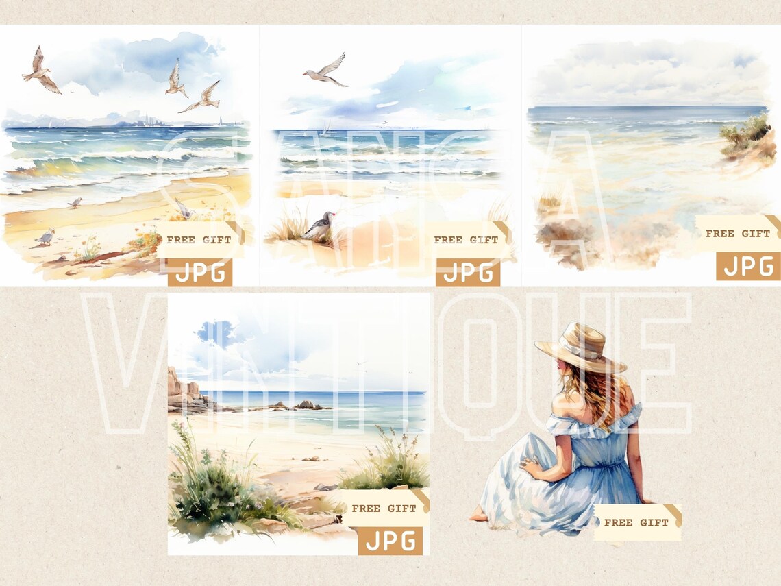 Vintage Beach Scene Watercolor Clipart Bundle, Seaside Relaxation Free ...