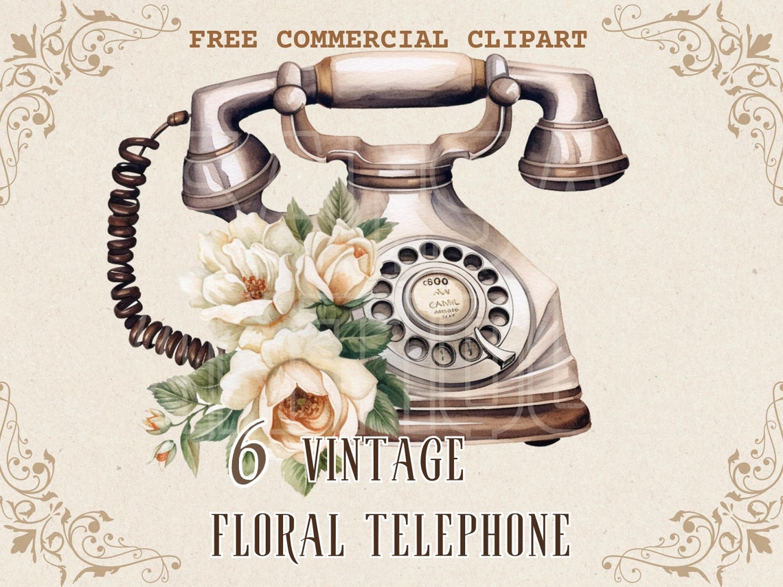 Vintage Floral Telephone Watercolor Clipart, Retro Flower Phone Free ...