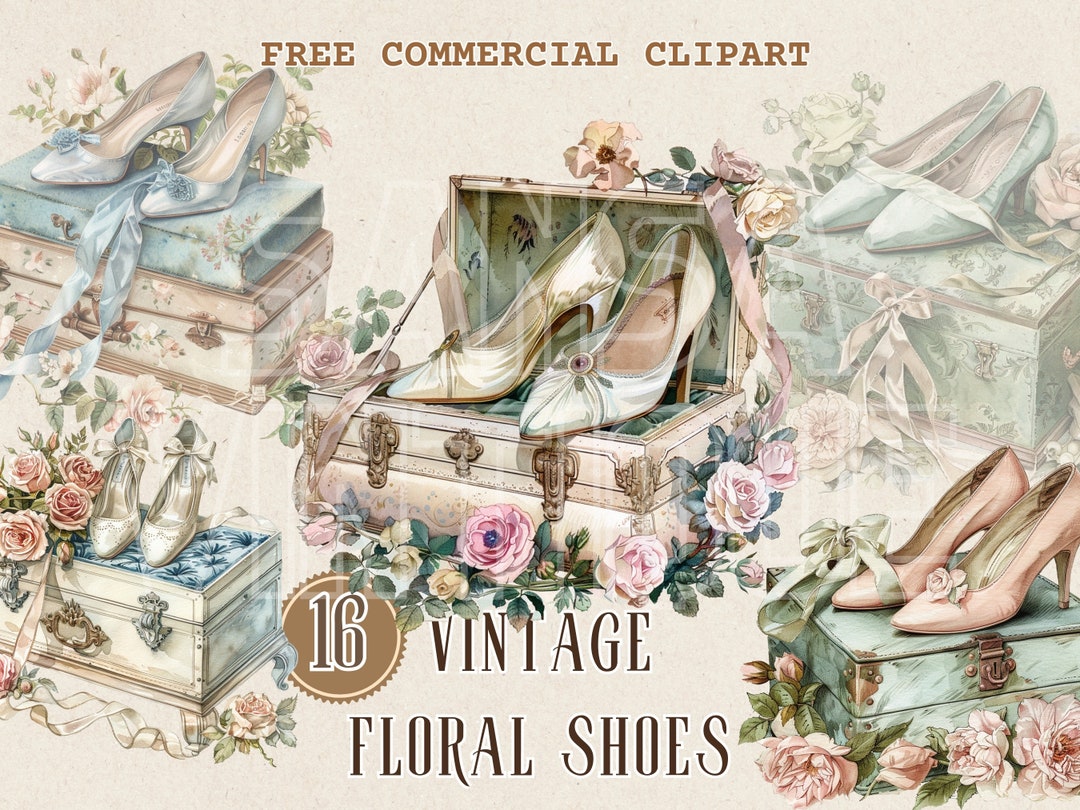 Shoes and Floral Box Watercolor Clipart, Vintage Floral Box Shoe ...