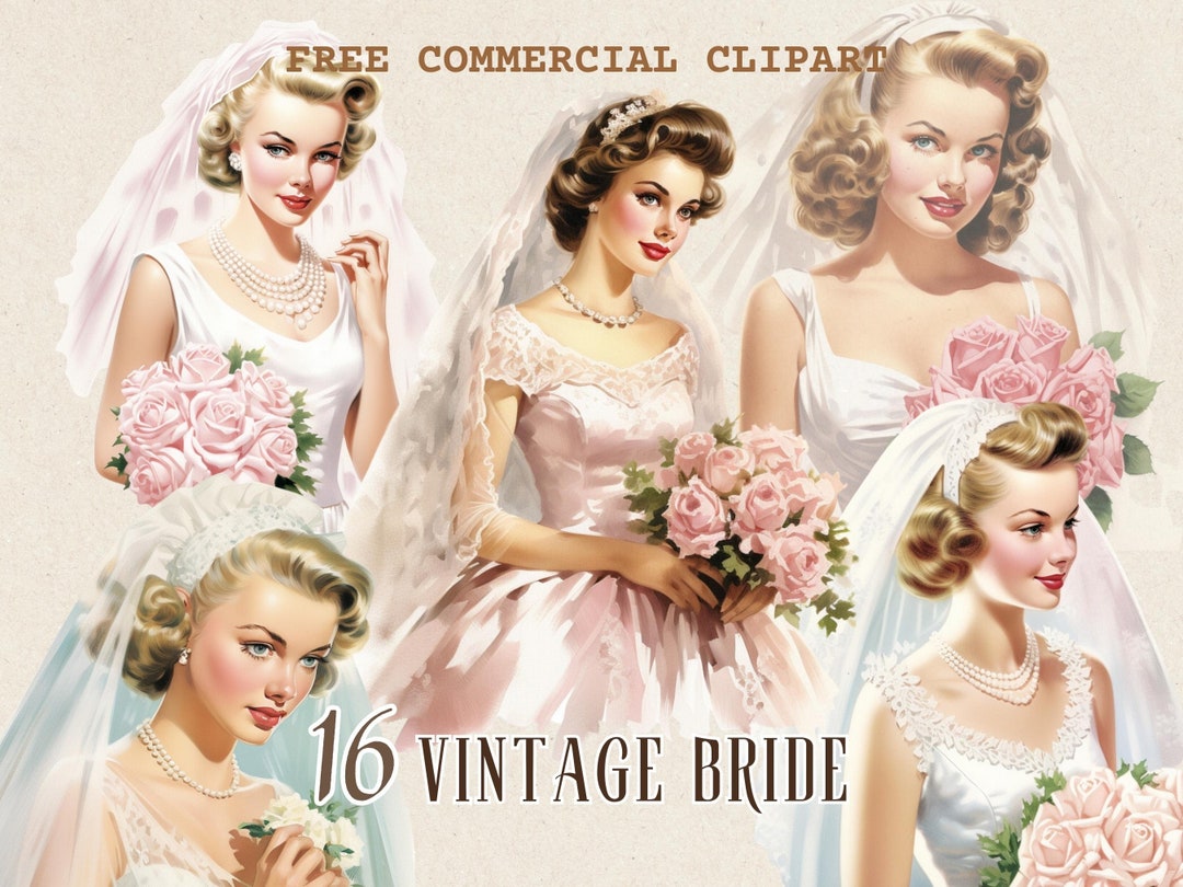 Retro Bride Watercolor Clipart, Vintage Wedding Free Commercial PNG Set ...