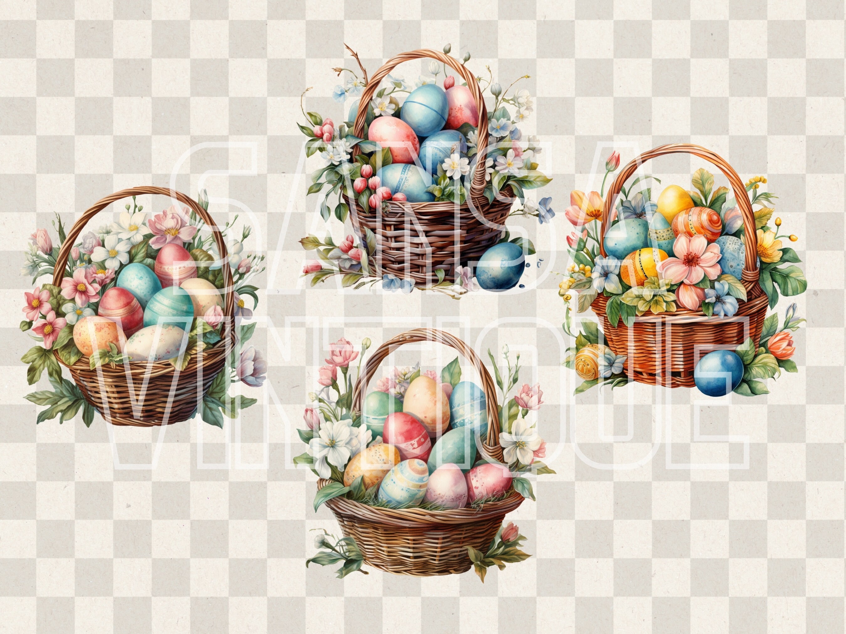 Vintage Easter Basket Watercolor Clipart, Antique Easter Egg Basket ...