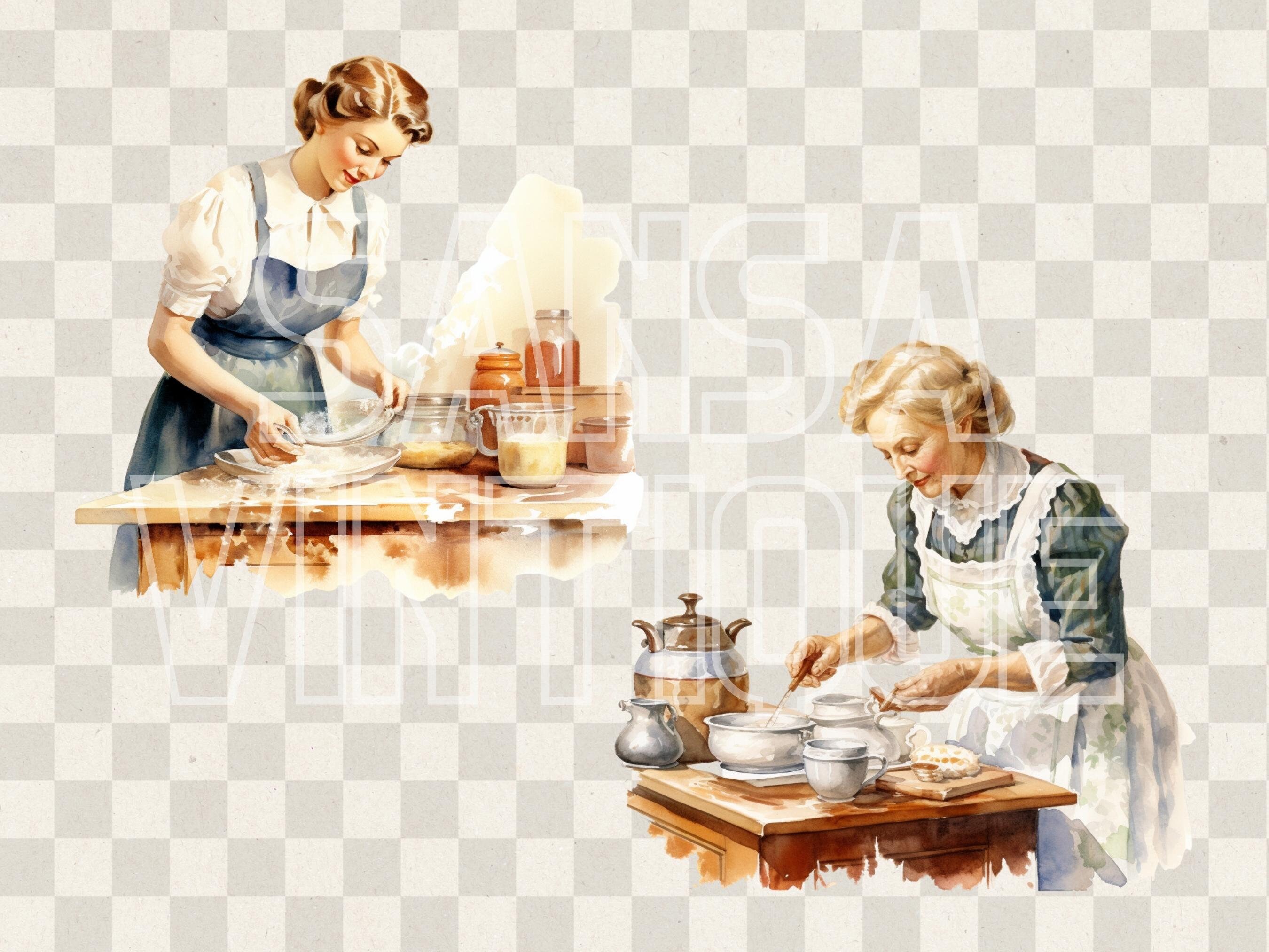 Vintage Woman Cooking Watercolor Clipart Set, Retro Culinary Lady Free ...