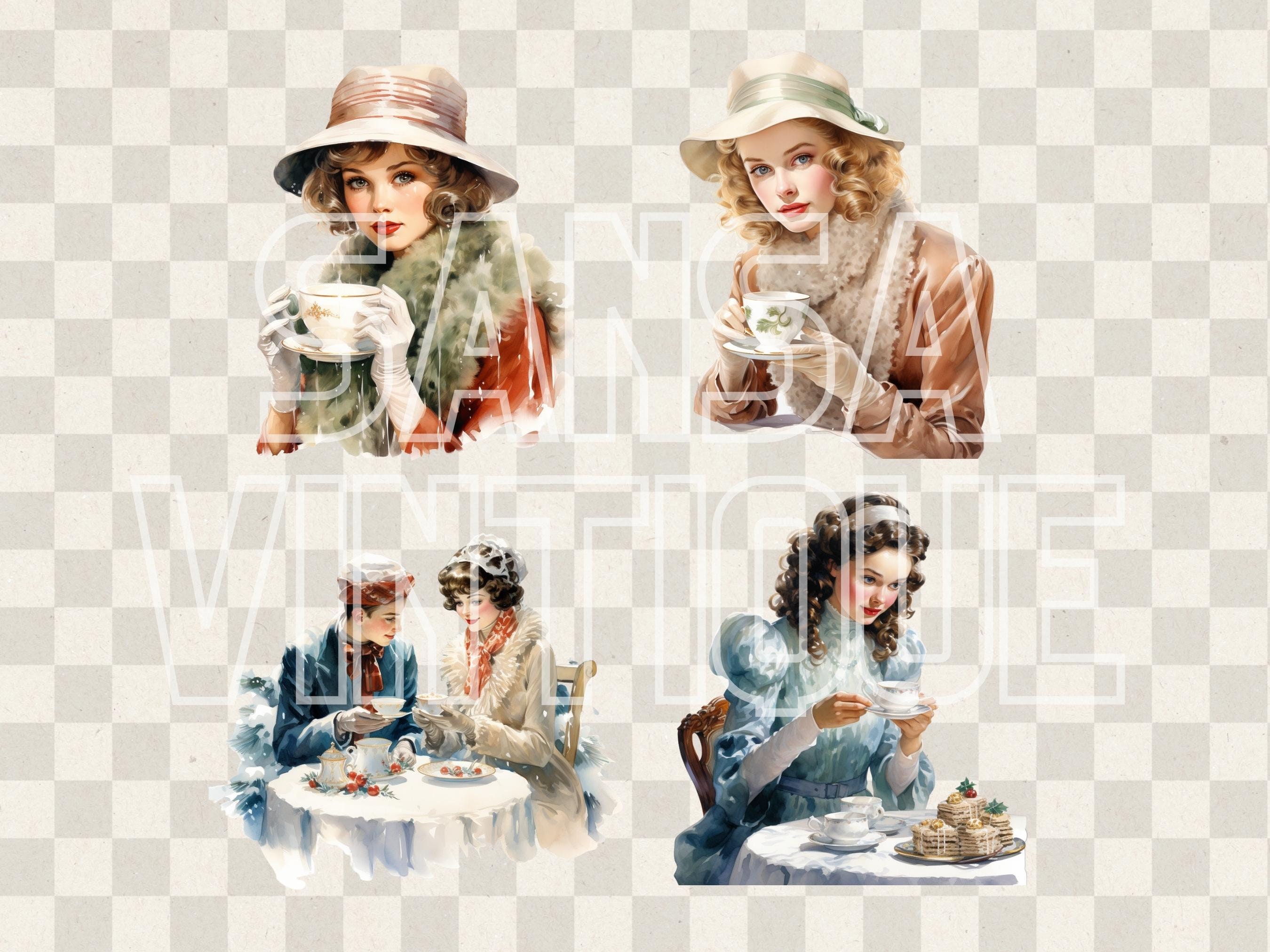 Vintage Tea Lady Watercolor Clipart, Christmas Tea Time Free Commercial ...