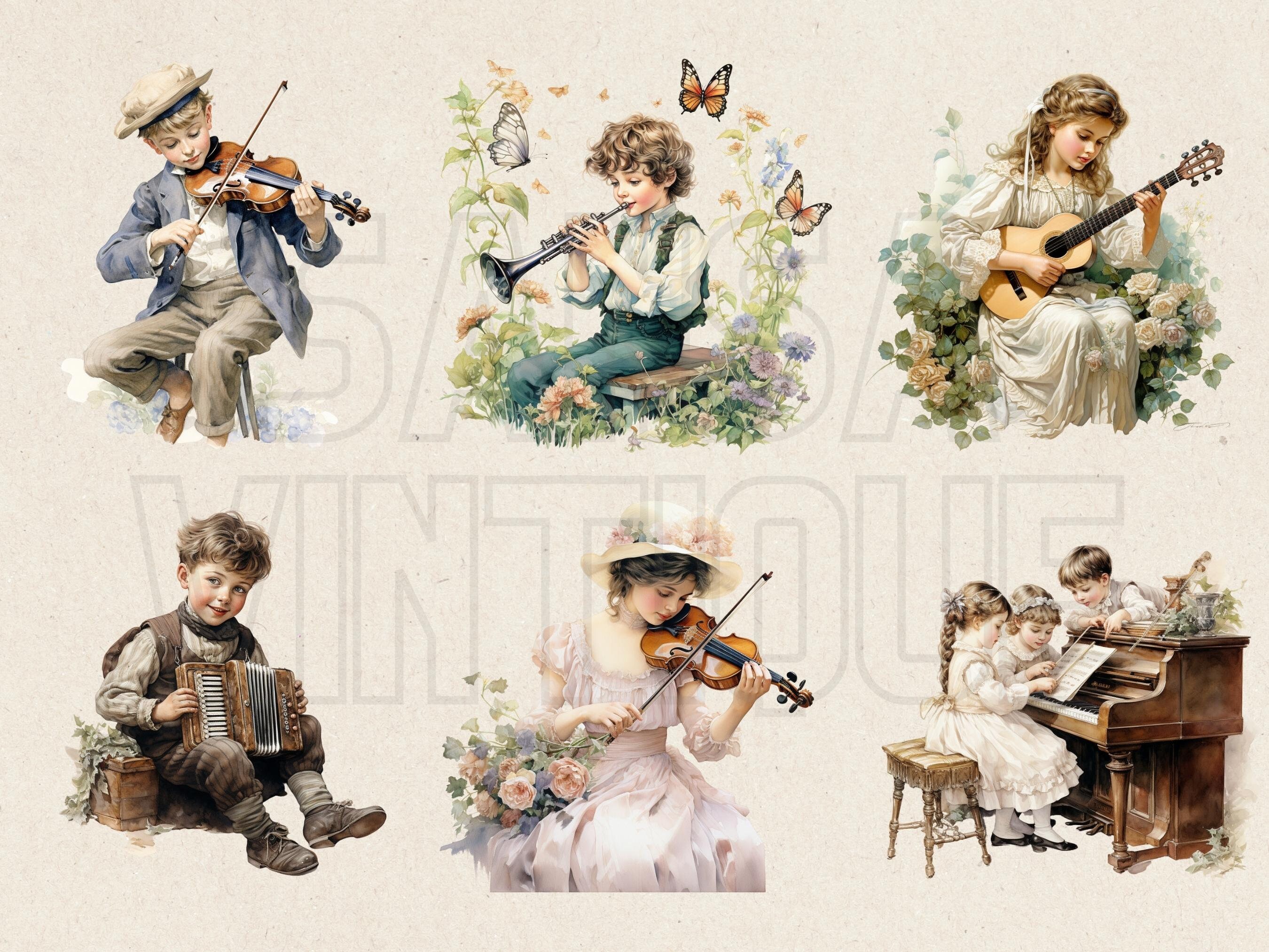 Victorian Kids Playing Musical Instrument Watercolor Clipart, Children ...