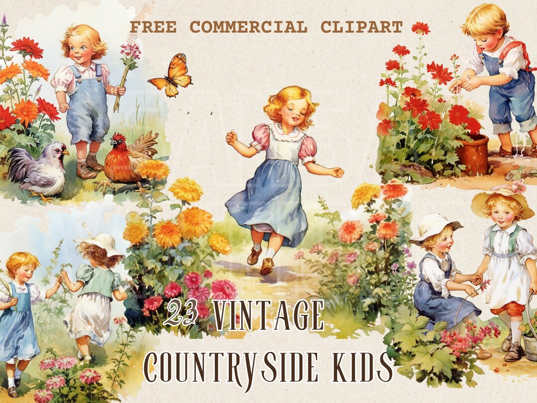 Vintage Kids and Flower Watercolor Clipart, Vintage Countryside ...